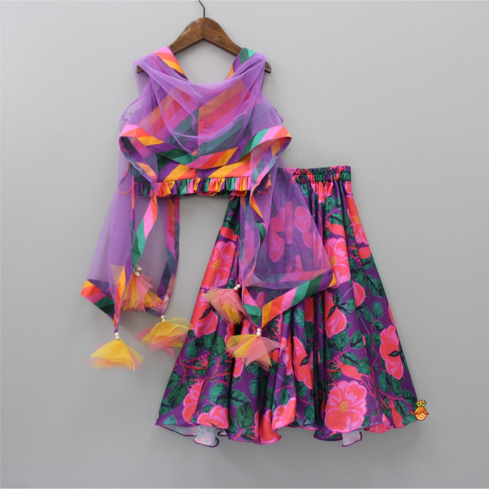Stylish Diagonal Gota Lace Work Striped Multicolour Cape Top And Flora