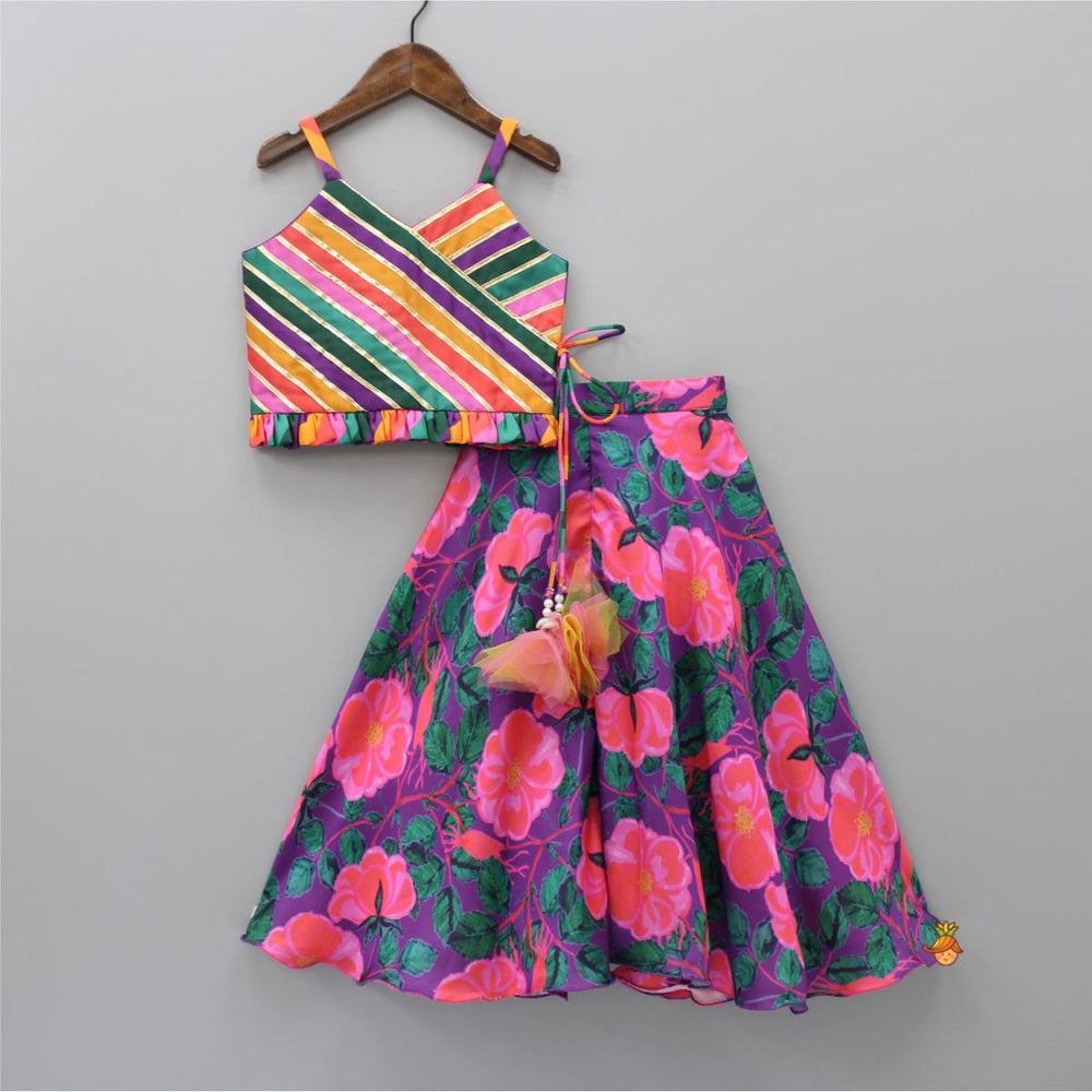 Stylish Diagonal Gota Lace Work Striped Multicolour Cape Top And Flora