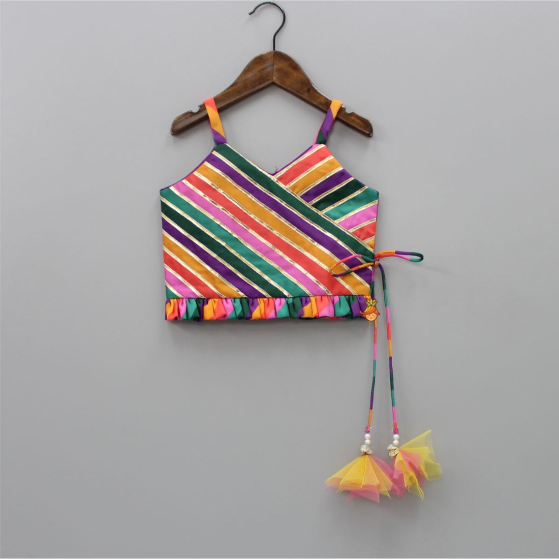 Stylish Diagonal Gota Lace Work Striped Multicolour Cape Top And Flora
