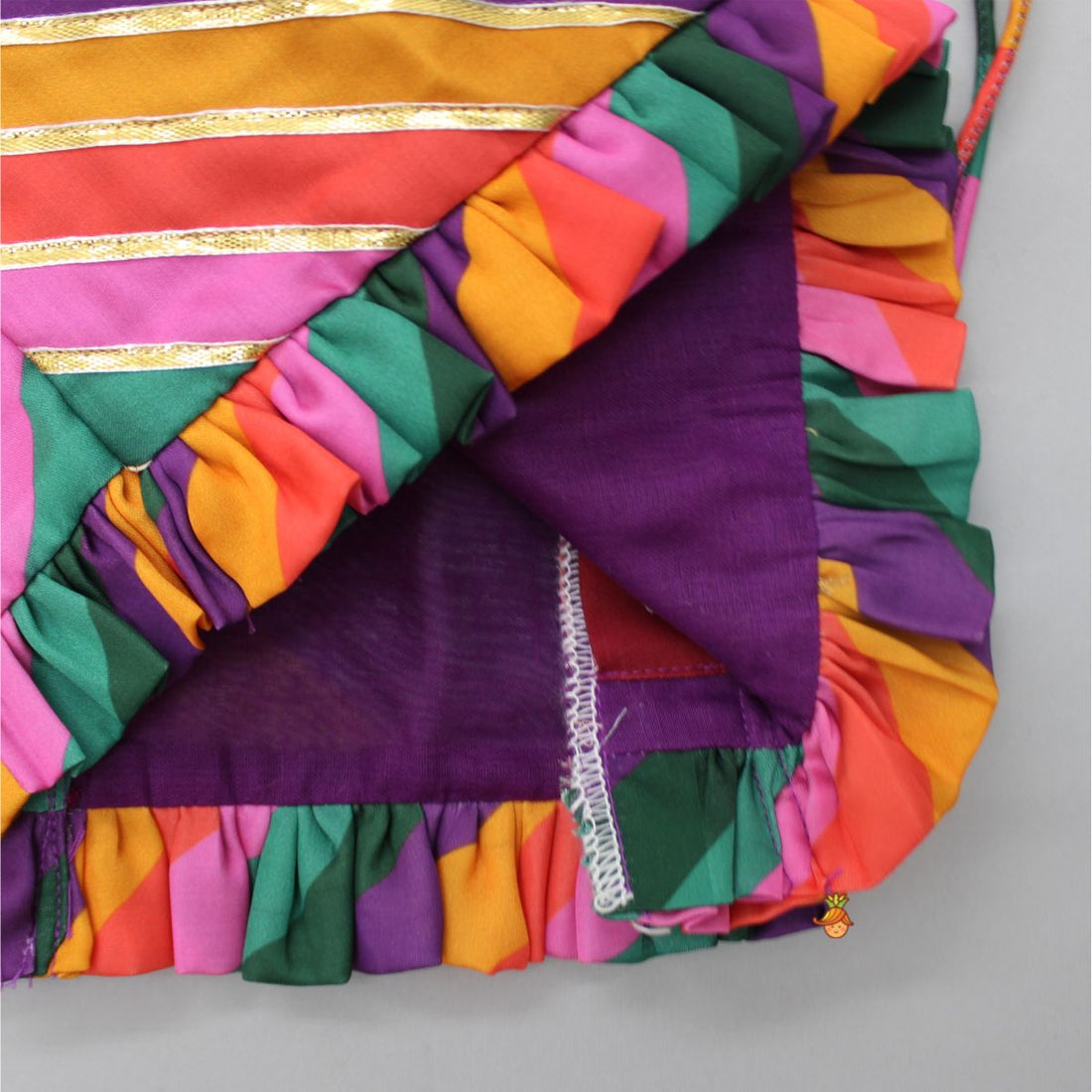 Stylish Diagonal Gota Lace Work Striped Multicolour Cape Top And Flora